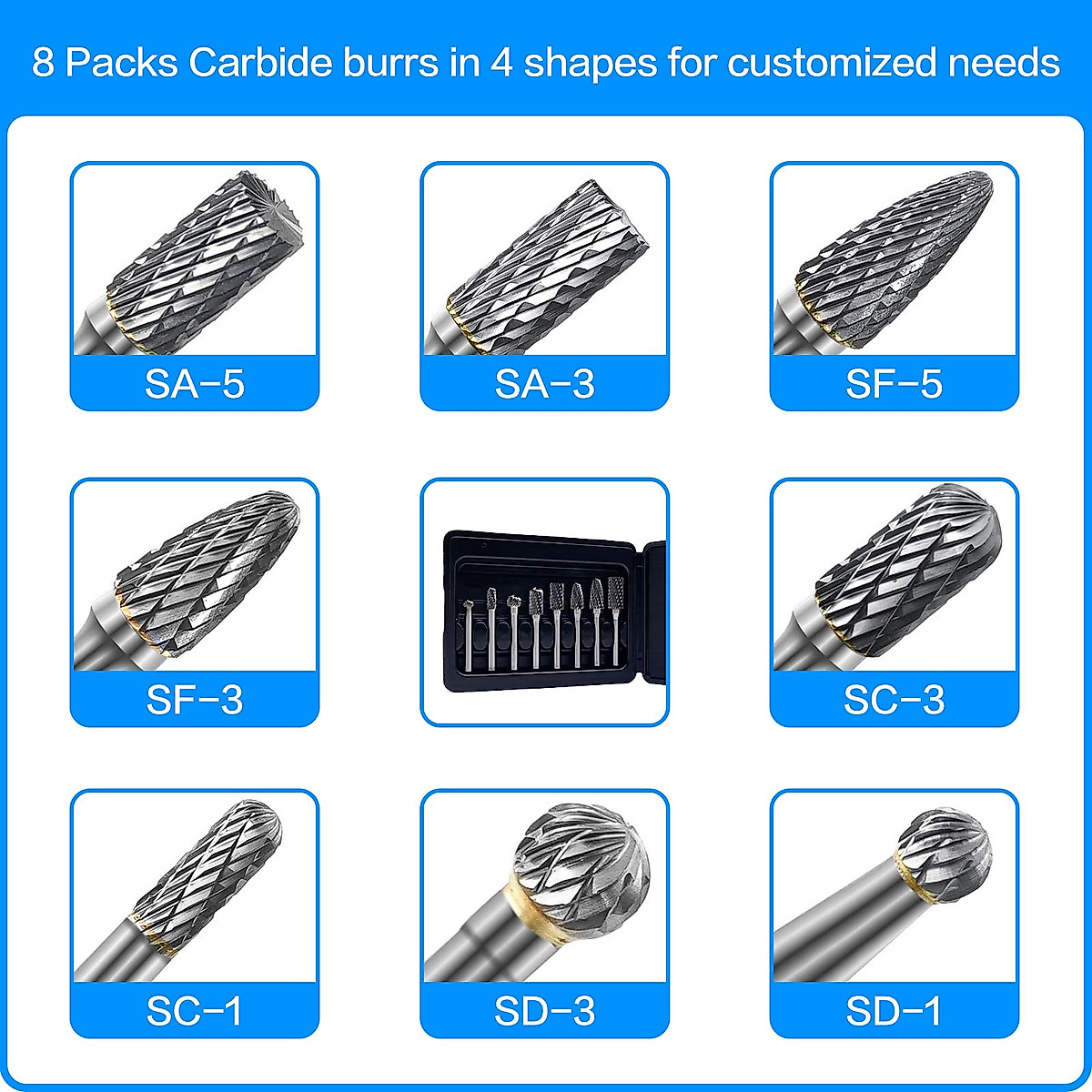 Carbide Burr Set, 1/4" Shank Die Grinder Bits, Tungsten Rotary Tool Bits Double Cut Rasp Files for Metal Weld Wood Stone Concrete Grinding Deburring Trimming Polishing Cutting, 8-pc in Sturdy Case