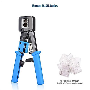 Cable Matters Modular RJ45 Crimp Tool for Pass-Through Connectors (Pass-Through Ethernet Crimper) with Built-in Wire Cutter and Stripper - 10-Pack Pass-Through Cat6 RJ45 Connectors Included