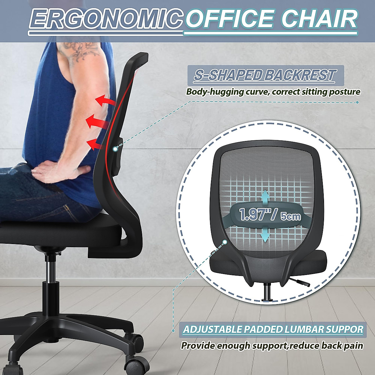 Armless Mesh Ergonomic Desk Office Chair Without Arms for Computer Home Height Adjustable Lumbar Support for Small Spaces