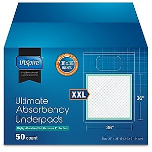 Inspire Ultra 125 Gram Extra Large Super Absorbent Bed Pads for Incontinence Disposable 36 x 36 in. | MAX Absorbent with Polymer Incontinence Bed Pads Liner Chucks Pads Disposable Puppy Pad Large