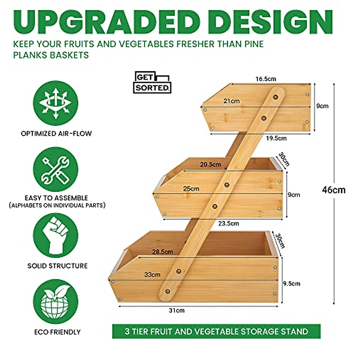 GET SORTED Bamboo Fruit Basket 3 Tier — 33+ Lbs Capacity, 12mm Thickness, Raised Bottom & 2 Hooks — Ideal for Bread, Toiletries, Snacks, Seasonings - Fruit Bowl for Kitchen Counter, Dining Table, etc