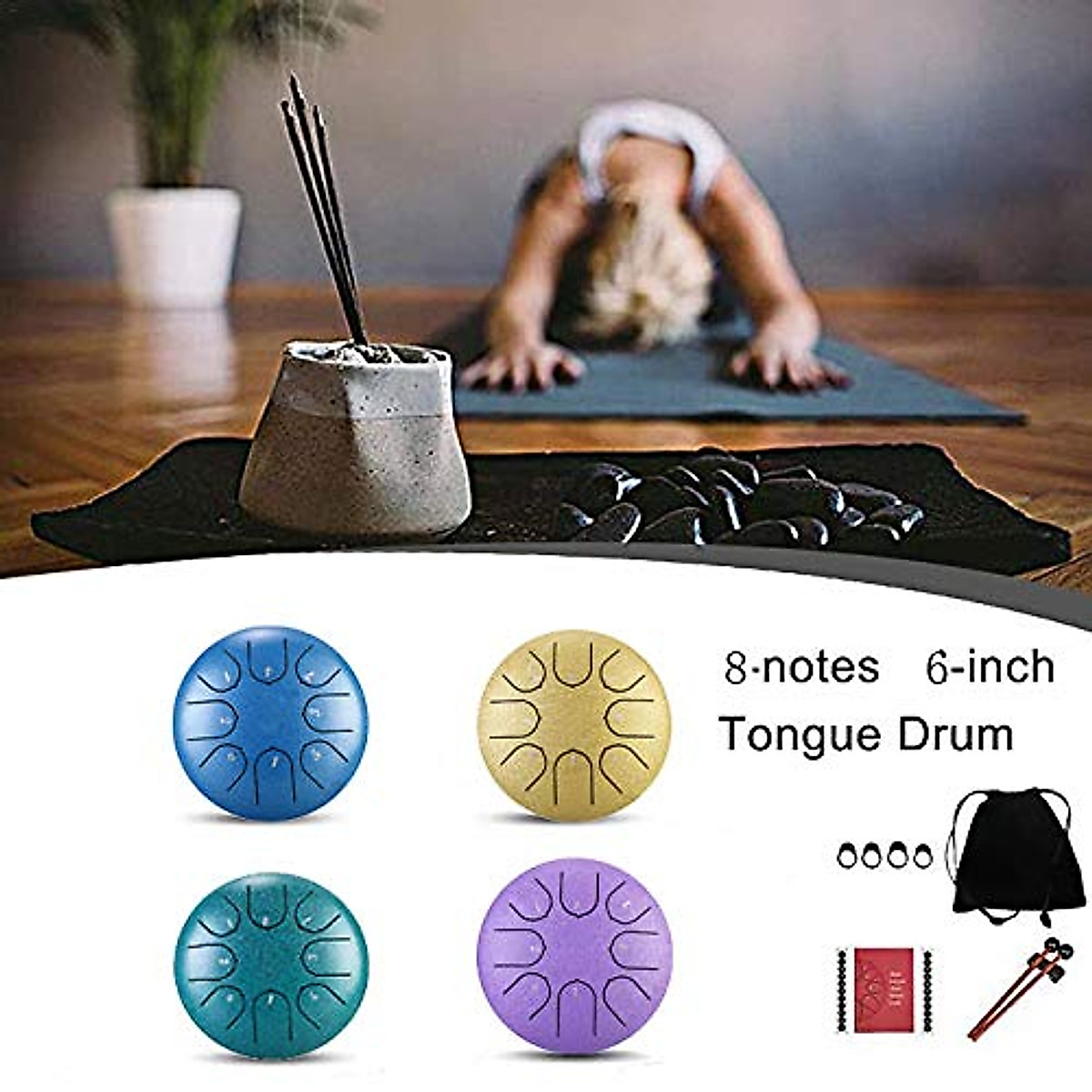 Steel Tongue Drum - 8 tones 6 Inches-Percussion Instrument - C-Key Handpan Drum with Bag, Mallets, Finger Picks, Notes Stickers for Personal Meditation, Yoga, Zen, Concert (Green)