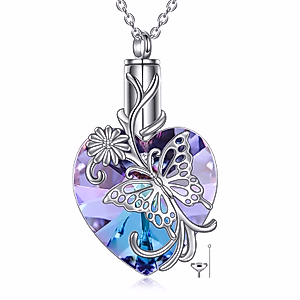 YFN Heart Crystal Urn Necklace for Ashes Cremation Jewelry Sterling Silver with Purple Blue Crystal Jewelry Gifts for Women Girls Butterfly