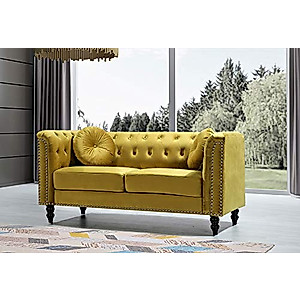 Container Furniture Direct Kittleson Velvet Chesterfield Loveseat for Living Room, Apartment or Office, Mid Century Modern Diamond Tufted Couch With Nailhead Accent, 64.17", Tuscan Sun