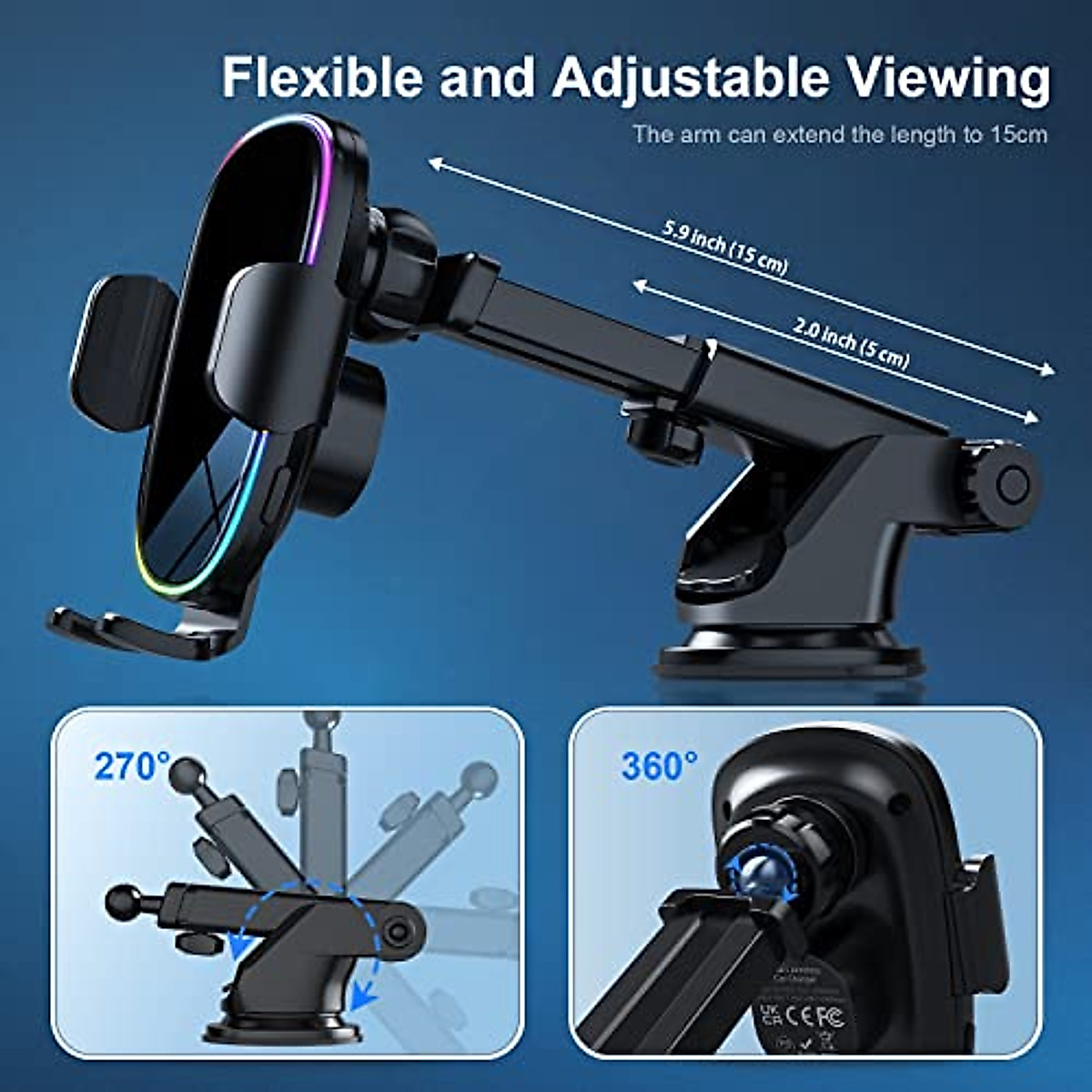 Wireless Car Charger Mount, SOARUN [Unique 7 Colors LED Dynamic Backlit] 15W Wireless Fast Charging Car Phone Holder, Auto-Clamping Wireless Car Charger for iPhone 14 Pro 13 12, Samsung S23 Ultra S22