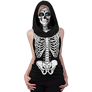 Ainuno Skeleton Shirt Skull Hoodie for Women Teen Girls Funny Halloween Shirts Costume Top with Mask Tshirts White Skeleton Printed Sleeveless Hoodie Pullover Sweatshirt Cute Tee,Skull Skeleton L