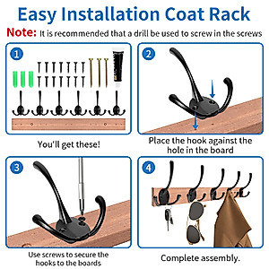 Coat Rack Wall Mounted, Entryway Wall Clothes Rack Hooks with 5 Heavy Duty Metal Three Hooks, Wooden Coat Hooks Wall Mount with 2 Mounting Types for Hanging Jacket, Backpack, Towel, Keyholder, Hats