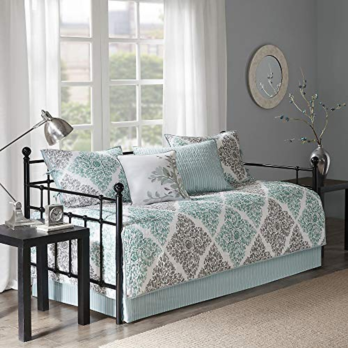 Madison Park Daybed Cover Set - Double Sided Quilting Casual Design, All Season Bedding with Bedskirt, Matching Shams, Decorative Pillow, 75"x39", Diamond Aqua 6 Piece
