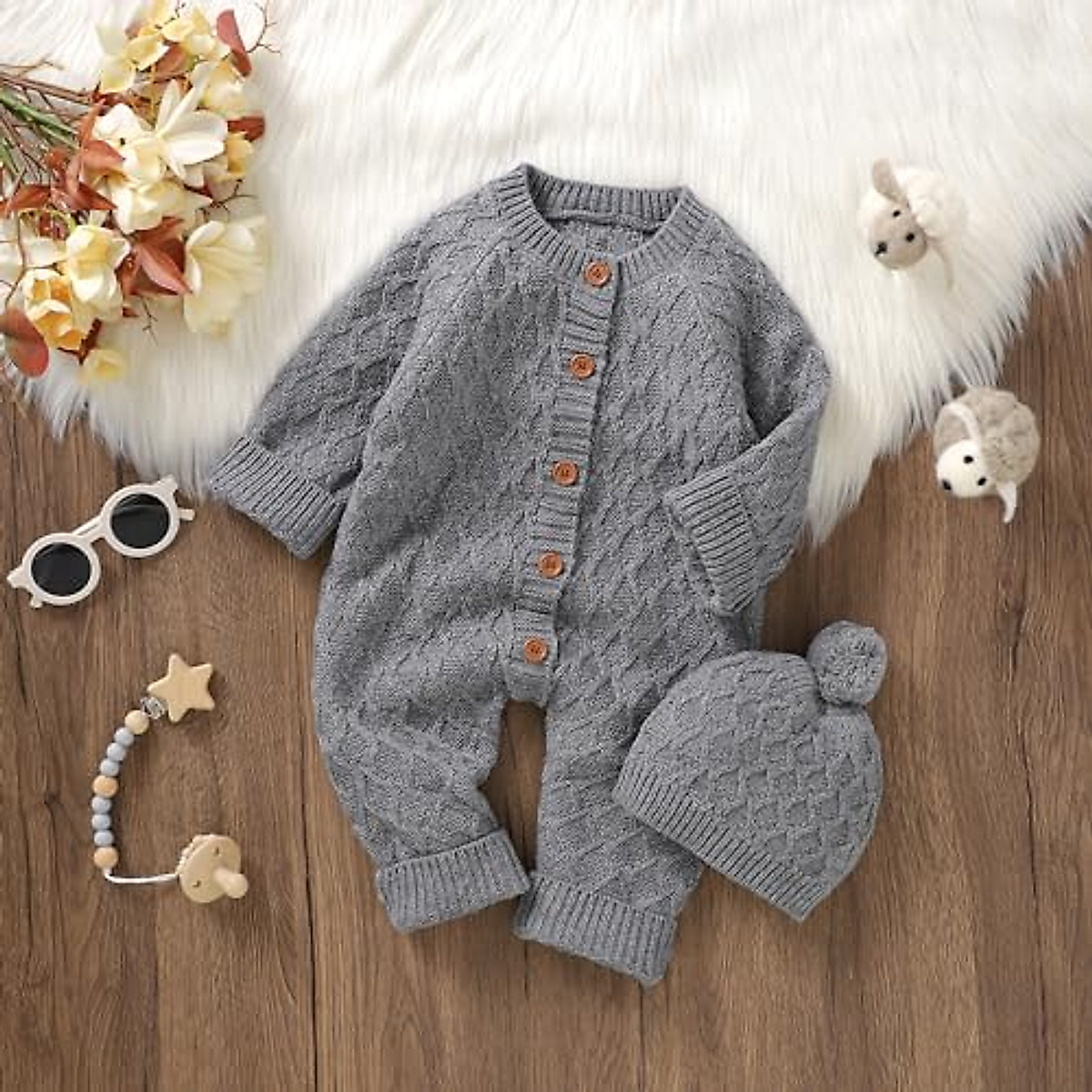 Hadetoto Newborn Baby Sweater Romper Knit Outfits Long Sleeve Jumpsuit with Warm Hat for Infant Boy Girl