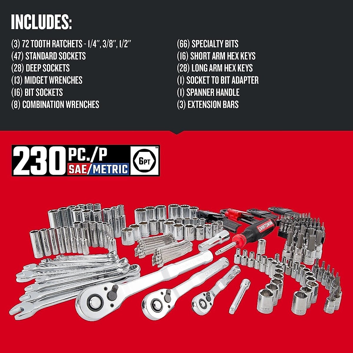 Craftsman Mechanics Tool Set, 230-Piece Hand Tool and Socket Set with 3-Drawer Tool Box (CMMT45305)