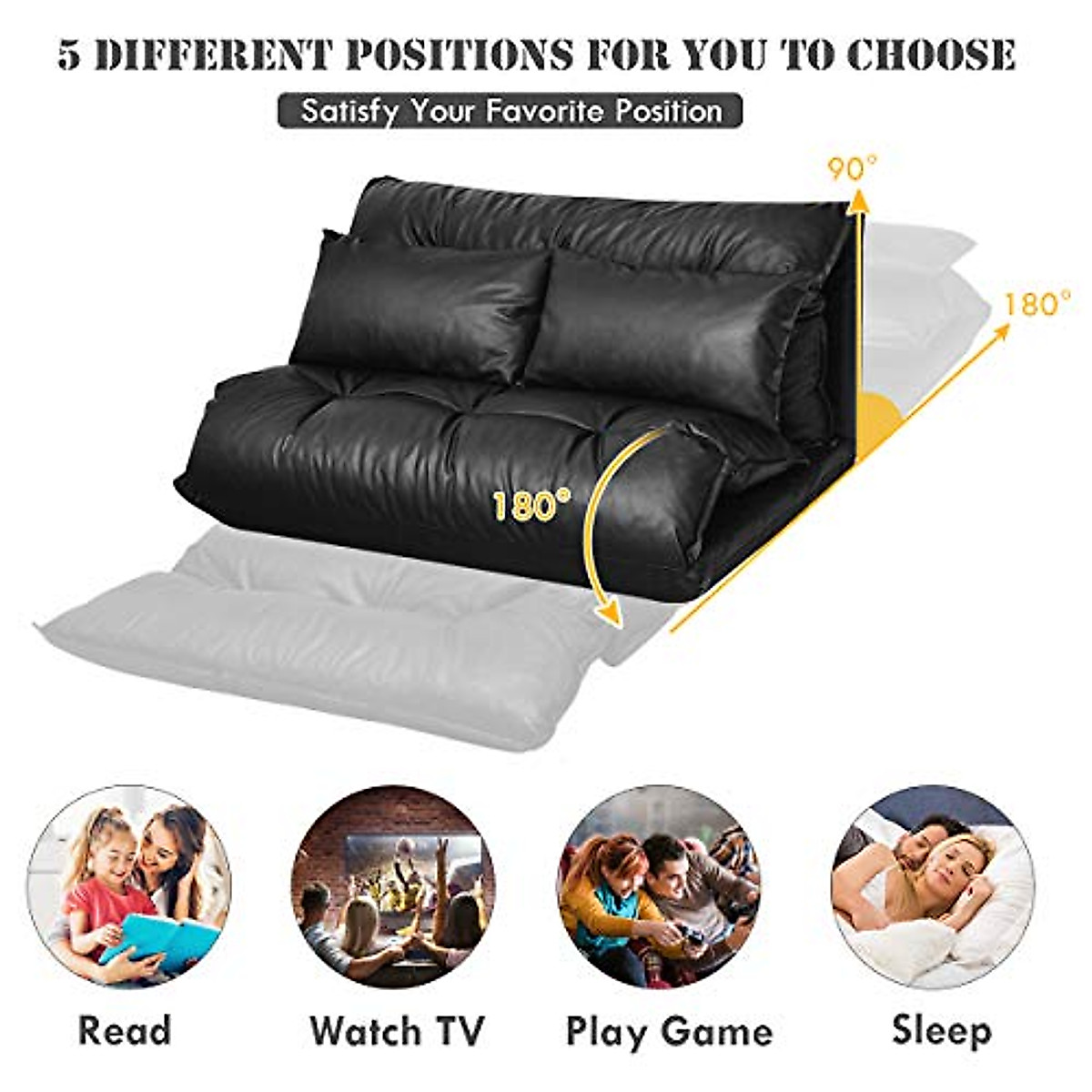 Giantex Convertible Sofa Bed, Floor Couch with 2 Pillows, PU Leather Loveseat Recliner, Folding Lazy Sleeper Sofa, 5 Position, Video Gaming Sofa Mattress for Reading Living Room Bedroom