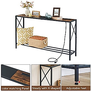 Tajsoon 55.1 Inch Console Table with Charging Station, Industrial entryway Table, Narrow Sofa Table with Shelves, Entrance Table for Entryway, Hallway, Living Room, Foyer, Office, Rustic Brown & Black