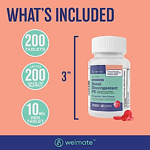 WELMATE | Nasal Decongestant PE | Phenylephrine HCl 10 mg | Maximum Strength | Sinus Relief | for Cold & Allergies | Non-Drowsy | Antihistamine | Pain Relief | Decongestants for Adults | 200 Tablets