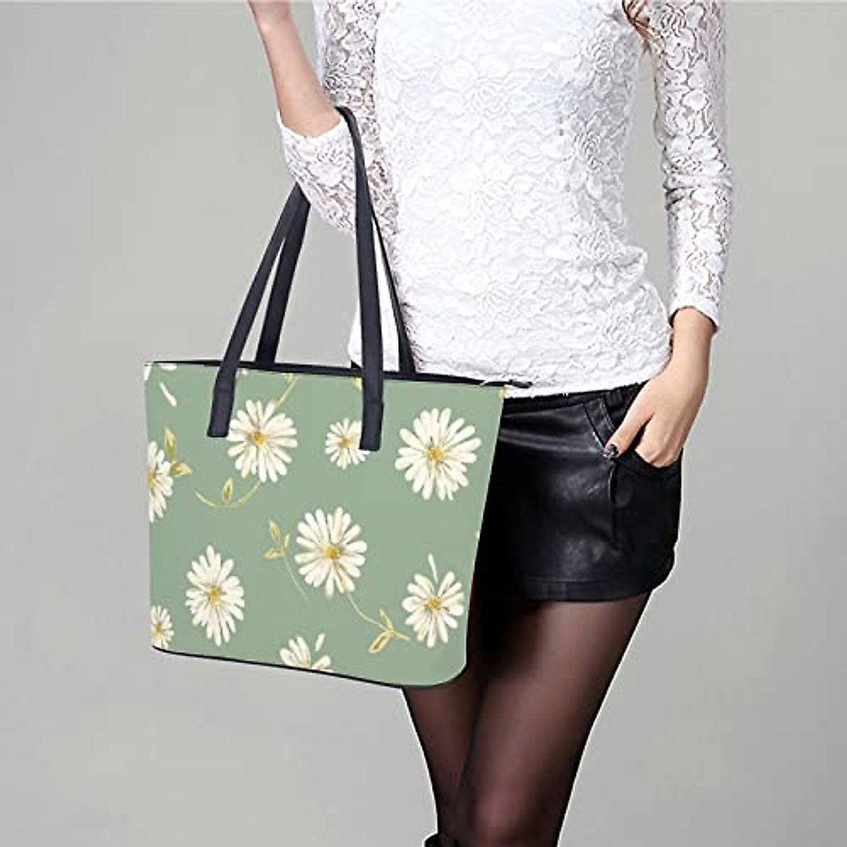 Womens Handbag Daisy Flowers Leather Tote Bag Top Handle Satchel Bags For Lady