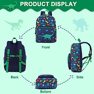 RAVUO Dinosaur Backpack, Water Resistant Cute Lightweight Small Backpack for Little Kids Boys Kindergarten Preschool Bookbag Toddler Backpack with Chest Strap