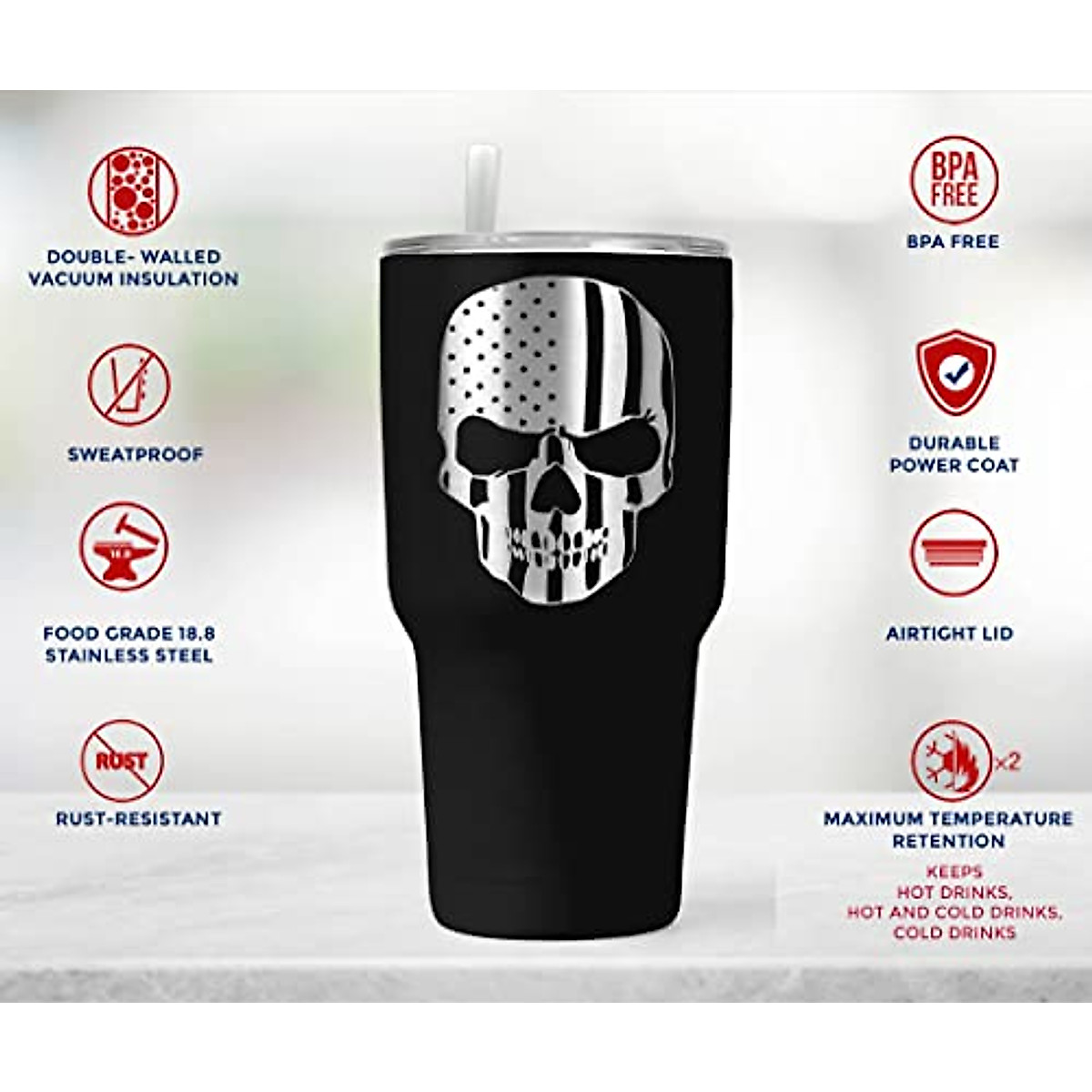 American Flag Skull 30oz Patriotic Tumbler - American Flag Tumbler Travel Mug - Patriotic Coffee Travel Mug - Double Insulated 30oz Tumbler - Engraved in the USA - (Skull Flag)
