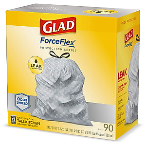 Glad ForceFlex Protection Series Tall Kitchen Trash Bags, 13 Gal, Unscented OdorShield, 90 Ct (Package May Vary)