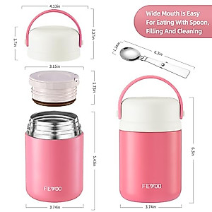 FEWOO Food Jar, 20oz Insulated Lunch Soup Container for Hot Cold Food for Kids Adults, Leak Proof Vacuum Stainless Steel Lunch Box with Folding Spoon for School Travel Outdoors (Pink)