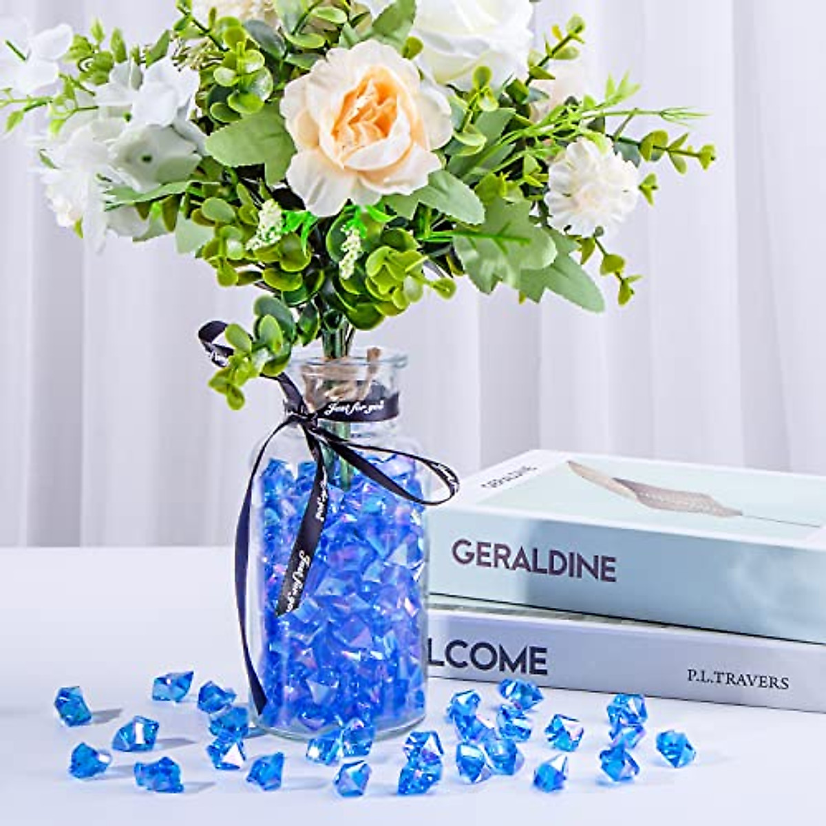 DomeStar 180PCS Iridescent Blue Fake Ice, Dazzling Blue Fake Diamonds Acrylic Ice Rocks Sparkling Plastic Gems for Christmas Vases Fillers Winter Table Scatters Home Decor