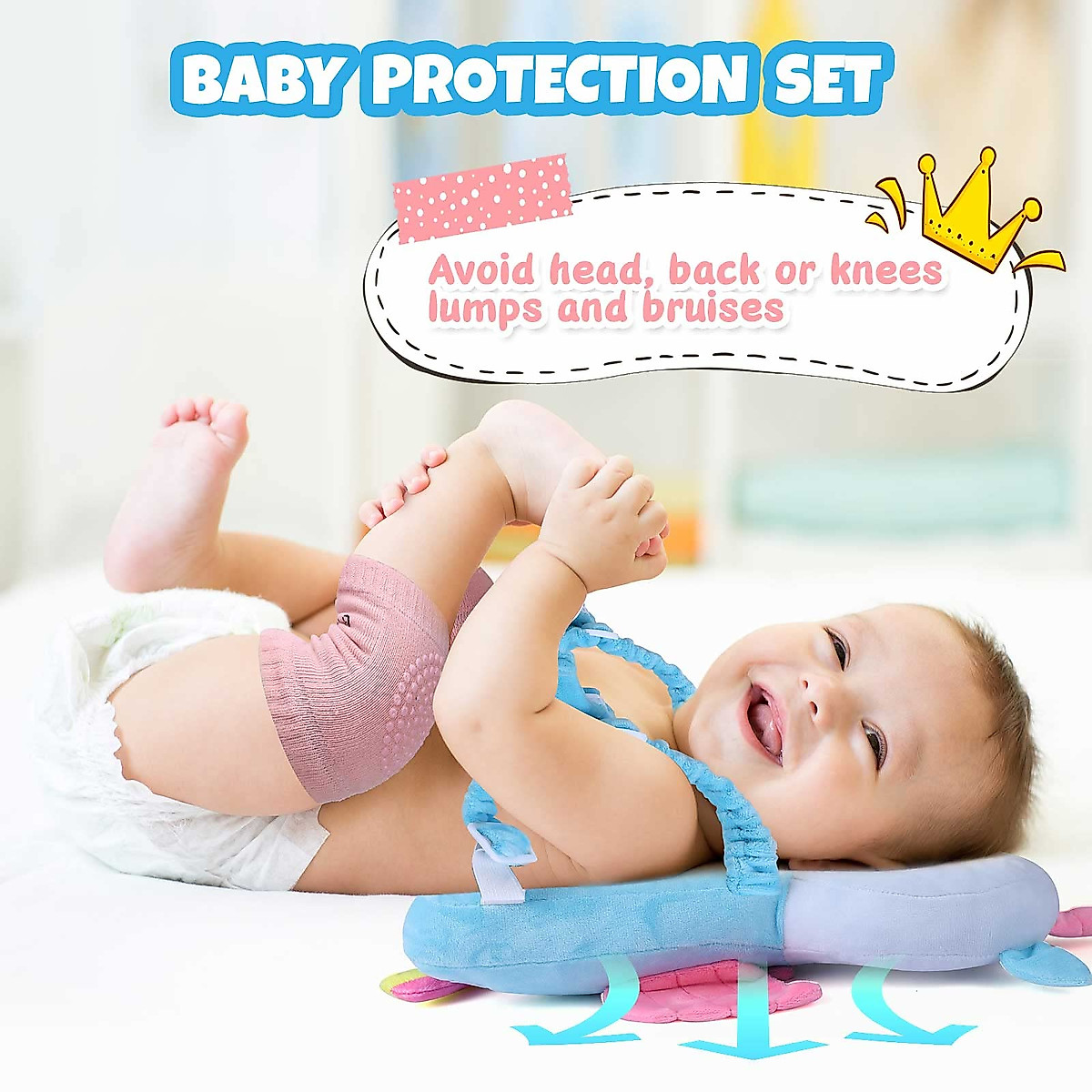 shuangjishan Baby Head Protector & Baby Knee Pads Crawling Adjustable Toddler Head Protection Cushion (Blue Unicorn)