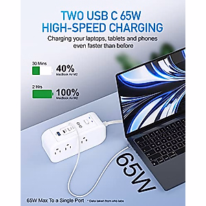 6FT PD 65W USB C Power Strip Surge Protector for Travel&Work, 9-in-1 Power Strip with 6 Widely AC Outlets&3 USB Ports, Overload Protection, Flat Plug, Wall Mount, Desk USB Charging Station, 1875W/15A