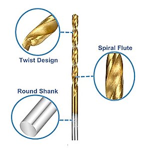 DrillForce 10pcs 5/64" Titanium Drill Bits, High Speed Steel Twist Drill Bits, Jobber Length, Round Shank. Ideal for DIY, Home, General Building and Engineering Using.
