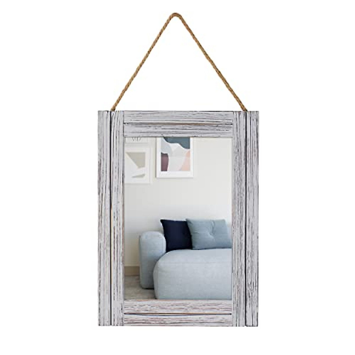 EMAISON 12 x 16 in Wall Decorative Mirror, Rustic Wood Frame Rectangular Mirror with Hanging Rope for Entryway, Bedroom, Guest Bathroom, Living Room, Bedroom - Grey