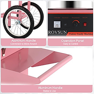 ROVSUN 21 Inch Cotton Candy Machine Cart, Electric Cotton Candy Maker Candy Floss Machine w/Cover, Stainless Steel Bowl, Sugar Scoop and Large Storage Drawer for Commercial Home Party Carnival, Pink