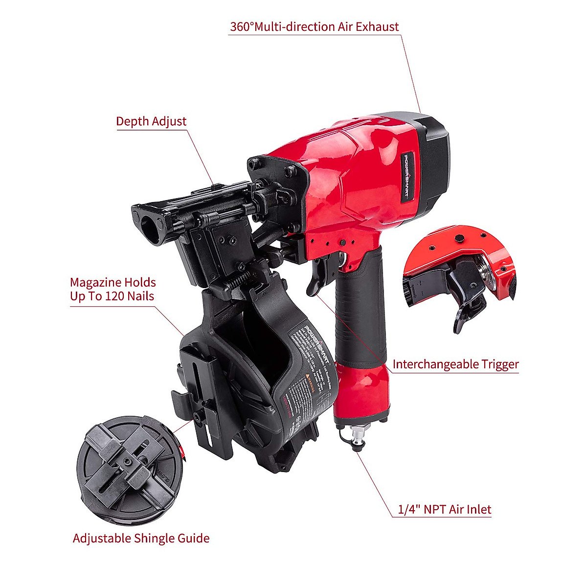 PowerSmart Roofing Nailer, 15 Degree Roofing Nail Gun with Safety Goggles, 3/4-Inch to 1-3/4-Inch Coil Nails, 120 PCS Load Capacity Coil Nailer Kit with 240 PCS Nails