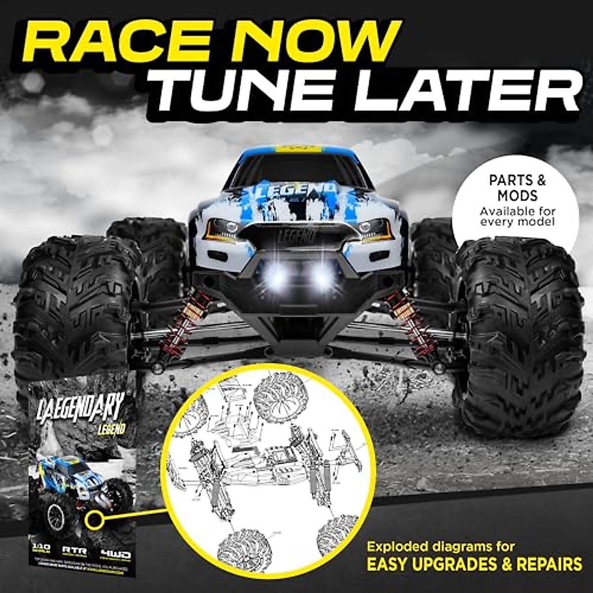 LAEGENDARY 1:10 Scale 4x4 Off-Road RC Truck - Hobby Grade Brushed Motor RC Car with 2 Batteries, Waterproof Fast Remote Control Car for Adults