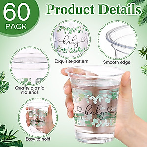 Funnymoom 60 Pack Sage Eucalyptus Baby Shower Plastic Cups for Baby Shower Party Decorations 12 oz Greenery Baby Shower Disposable Clear Cups for Baby Shower Birthday Boho Greenly Party