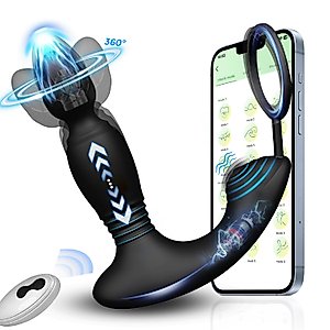 Prostate Massager Anal Plug with Cock Ring, HESEKS Thrusting Vibrator Adult Toys with 9 Thrusting & Vibrating Modes, Sex Toys for Men Women Couples with Remote Control & APP, Male Sex Toys Anal Toys