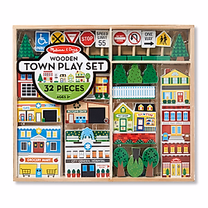 Melissa & Doug Wooden Town Play Set With Storage Tray (32 pcs)