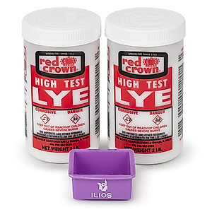 Ilios Boyer Lye - Pure Red Crown High Test Lye for DIY Soapmaking, House Cleaning Supplies - Soap Base, Paint Remover, Drain Cleaner - Non-Food Grade - Soap Making Kit with 2 2Lb Bottles, 1 Soap Mold