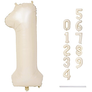 40 Inch Beige Number 1 Balloon for 1st Birthday Decoration, Large Self Inflating Cream Foil Number Balloons 0-9 for Boys Girls, White Sand 1 Helium Balloons for Women Men Party Anniversary Supplies