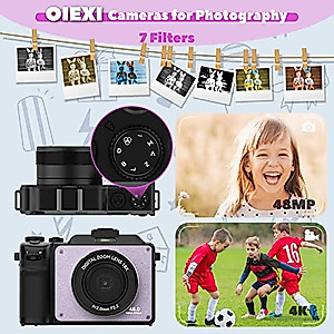 OIEXI 48MP Camera for Photography,4K Digital Camera for Kids and Adults with Front and Rear Dual Cameras,18X Digital Zoom,Built-in 7 Color Filters,32GB TF Card,Rechargeable Battery(Lilac Violet)