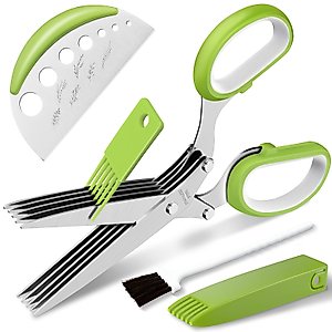 GIEBYIE Herb Scissors, Premium Stainless Steel 5 Blade Kitchen Salad Scissors Dishwasher Safe, Sharp and Convenient 5 Blade Kitchen Scissors with Safety Cover, Herb Stripping Tool and Cleaning Comb
