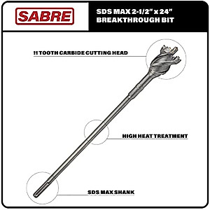 Sabre Tools 2-1/2 in x 20 in x 24 in SDS MAX Breakthrough Bit, Thru Hole Bit Carbide Tipped, Multi-Cutting Head for Concrete, Brick, Stone