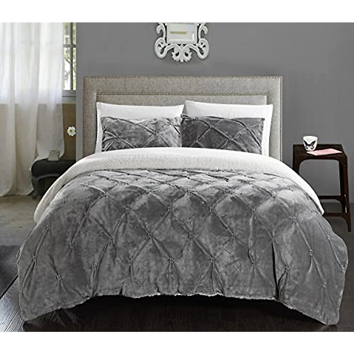 Chic Home 3 Piece Josepha Pinch Pleated Ruffled & Pintuck Sherpa Lined Comforter Set, King, Grey