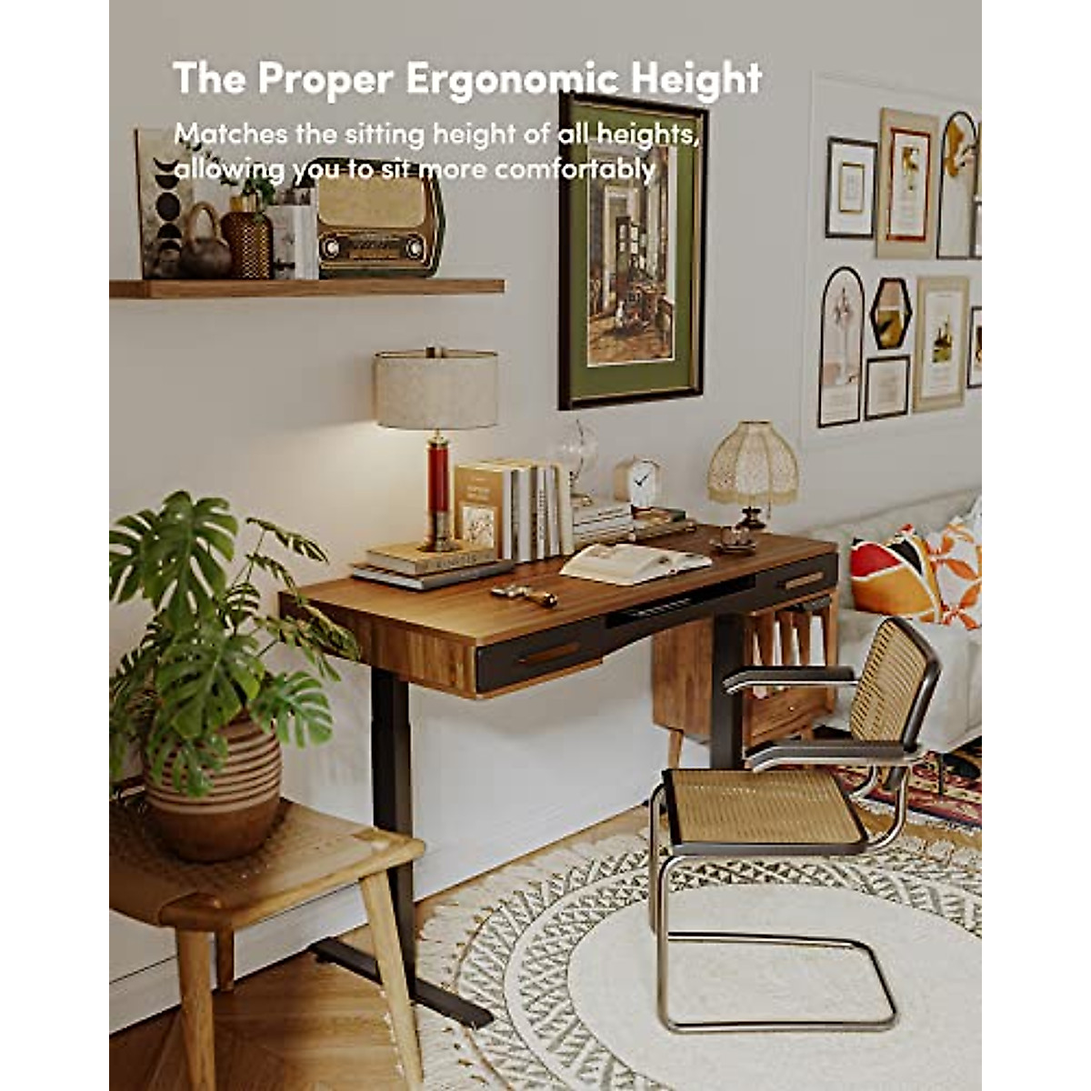 BANTI 48" x 26" Electric Standing Desk, Mid-Century Modern Desk with 3 Drawers, Stand Up Home Office Desks, Vintage Top