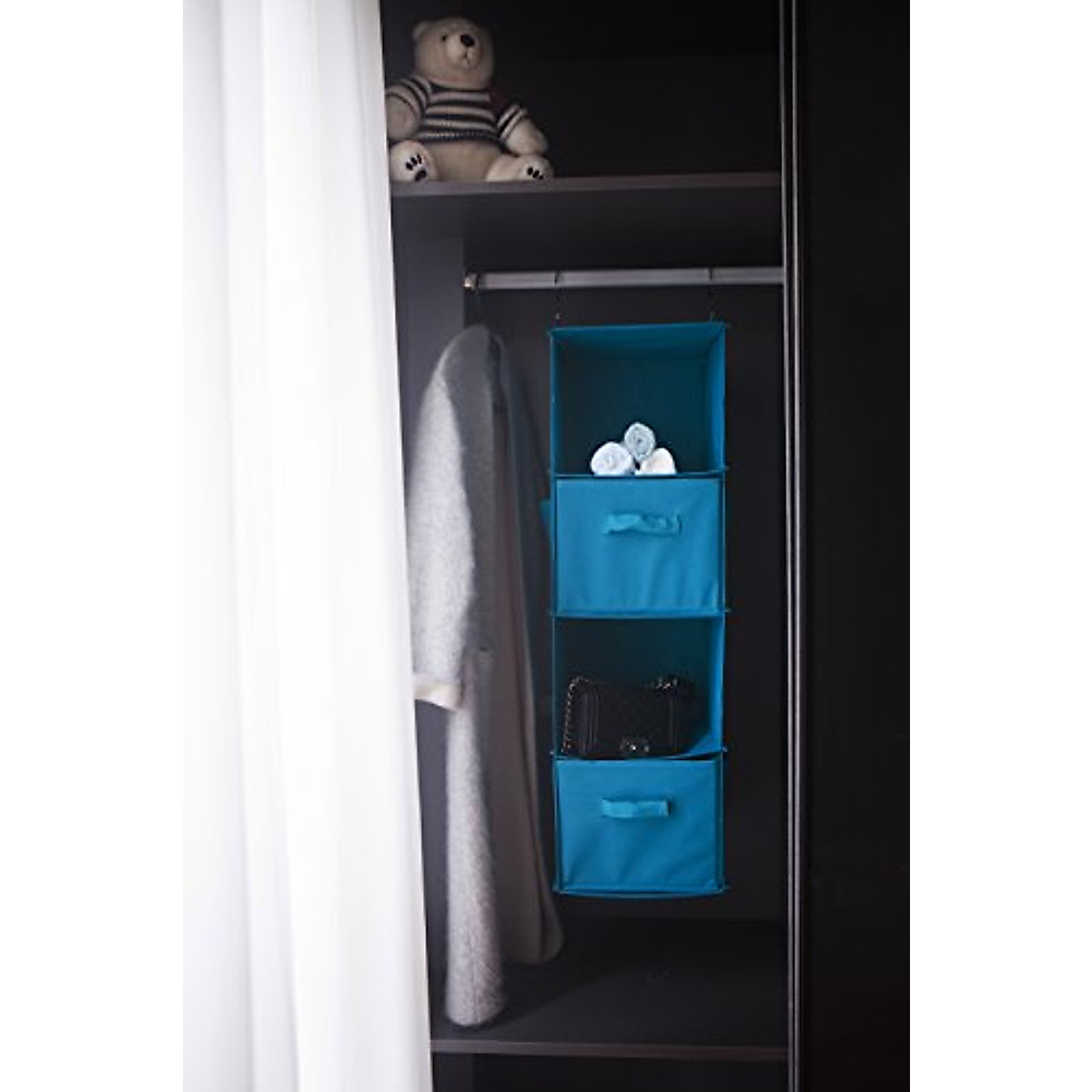 Amelitory Hanging Closet Organizer 4 Shelf Foldable Hanging Storage Shelves Fabric, Lake Blue