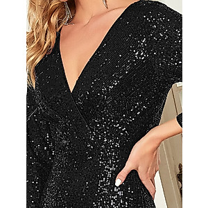 Ever-Pretty Women's Maxi Side Split V-Neck Ruched Dinner Party Dress with Sleeves Black US10