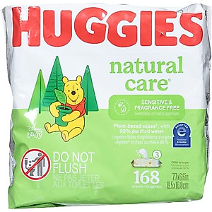 Sensitive Baby Wipes, Huggies Natural Care Baby Diaper Wipes, Unscented, Hypoallergenic, 99% Purified Water, 3 Flip-Top Packs (168 Wipes Total)