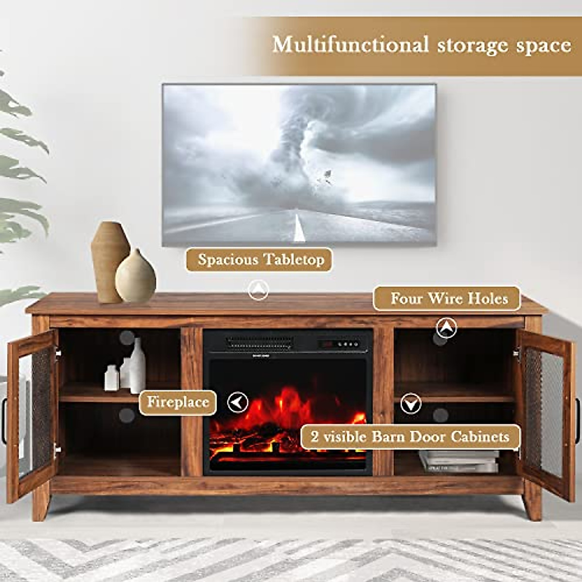 Vikiullf TV Stand with Electric Fireplace - Fireplace TV Console for TV up to 65", Home Entertainment Center with Storage Cabinet, Living Room TV Stands, Rustic Oak