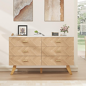 EazeHome 6 Drawers Dresser, Wooden Double Dresser with Large Organizer, Dresser TV Stand for Bedroom, 47.2” Wide Chest of Drawers for Closet, Dressing Room, Hallway(White&Oak)