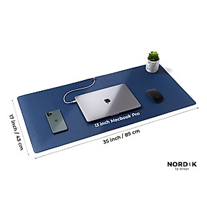 Nordik Leather Desk Mat Cable Organizer (Midnight Blue 35 x 17 inch) Premium Extended Mouse Mat for Home Office Accessories - Felt Vegan Large Leather Desk Pad Protector & Desk Blotter Pads Decor