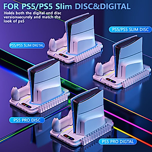 PS5 Pro Stand,PS 5 Cooling Station with Dual PS5 Controller Charger 3 Level Fan ,3 USB Hub Fast Charge drive 9 RGB Light hard ps5 Slim Stand for All Disc & Digital Console Playstation Vita Upgraded