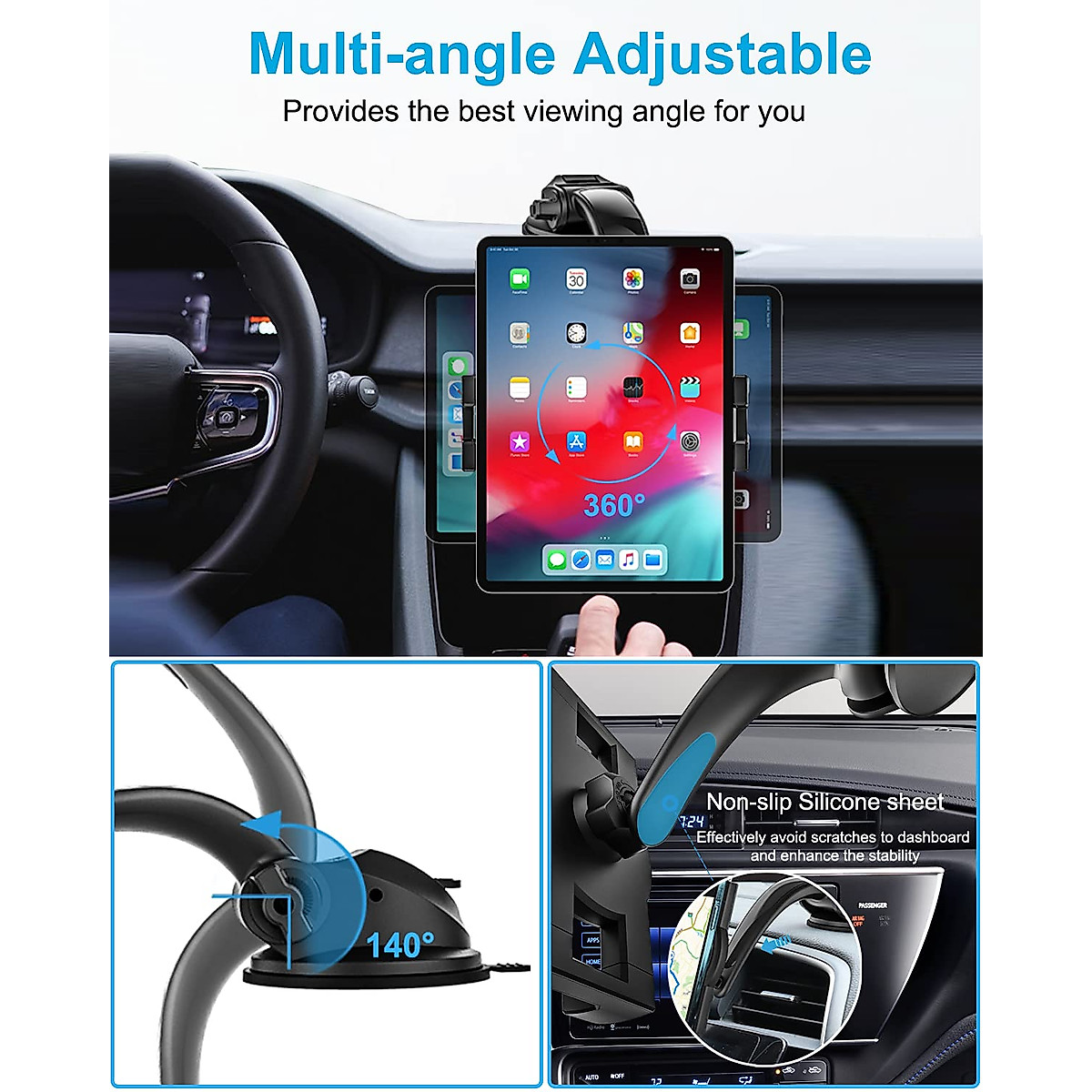 woleyi Car Dashboard Tablet Mount, Car Dash Tablet & Phone Holder with Strong Sticky Gel Suction Cup for iPad Pro 9.7, 11, 12.9 / Air/Mini, iPhone, Galaxy Tabs, More 4-13" Smart Phones and Tablets