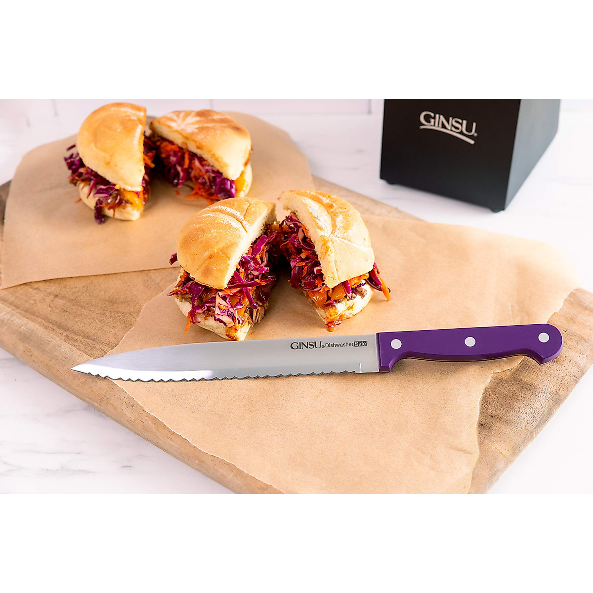 Ginsu Kiso 14-Piece Purple Knife Set with Black Block - Dishwasher Safe and Always Sharp