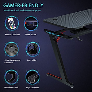 ESGAMING Gaming Desk with led Lights and USB Ports for Home Office and Gaming, RGB Gaming Table 44.5 inch Z Shaped Computer Desk with Cup Holder, Headphone Hook, Lighting Remote Controller, Black